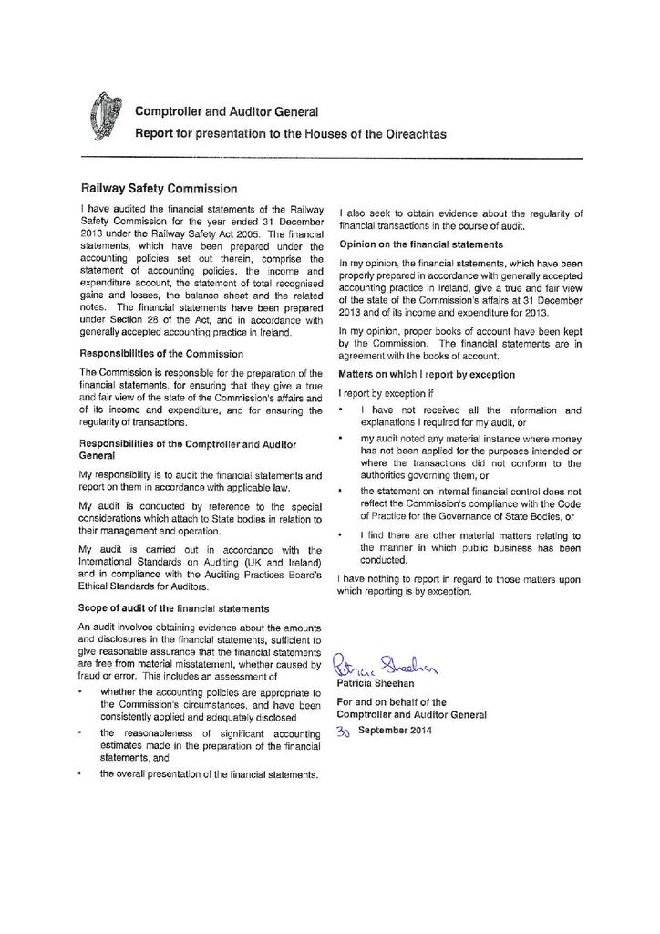 RSC Financial Statements 2013 | Commission for Railway Regulation